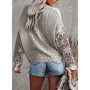 Dokotoo Sweater Women Ladies Cute Soft Thick Round Neck Solid Hollow Out Lace Crochet Autumn Cozy Long Sleeve Cable Knit Pullovers Sweaters for Women Large Gray