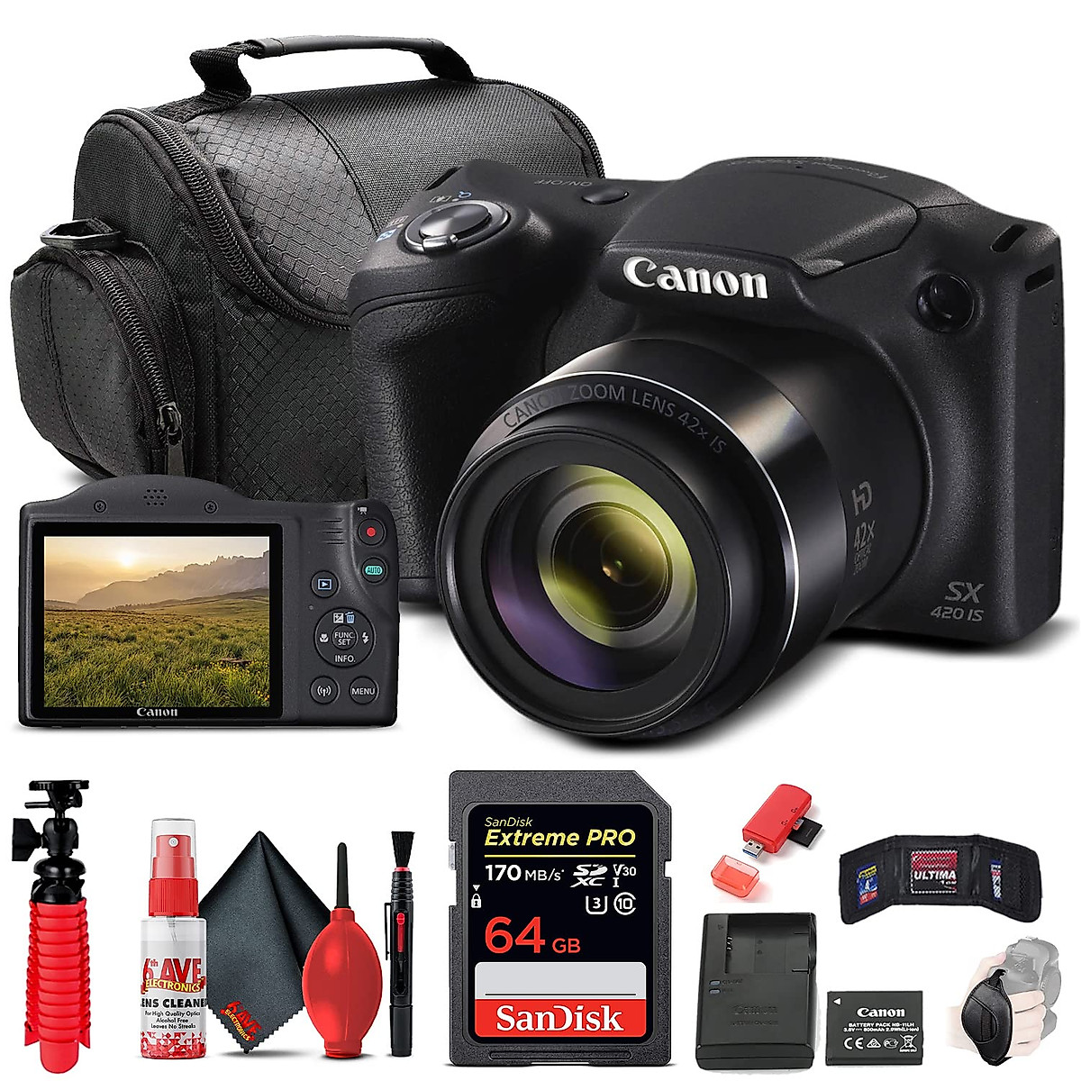 Canon PowerShot SX420 is Digital Camera (Black) (1068C001), 64GB Memory Card, Card Reader, Soft Bag, Flex Tripod, Hand Strap, Memory Wallet, Cleaning Kit (Renewed)