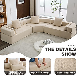 Oversize Modern Curved Sofa Couch for Living Room,Boucle Fabric Corner Cloud Sofa with 5 Pillows,Minimalist Style Comfy L Shape Couch,4 Seater,Khaki,Frameless
