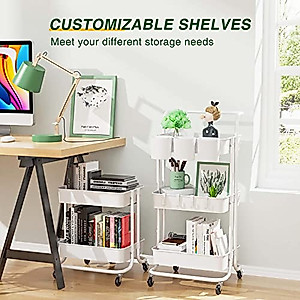 LEHOM 3-Tier Rolling Utility Cart with Hanging Cups & Hooks & Handle, Plastic Art Cart Organizer Storage with Wheels, Easy Assembly for Office, Bedroom, Kitchen, Bathroom, Laundry (White)