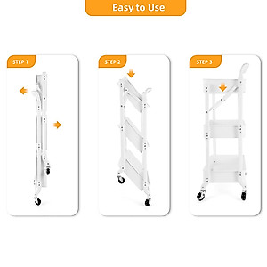 Amatic 3 Tier Foldable Metal Rolling Cart, Collapsible Rolling Storage Organizer with Wheels, Folding Laundry Utility Cart for Kitchen & Office, Include 3 Hanging Cups & 6 Hooks (White)