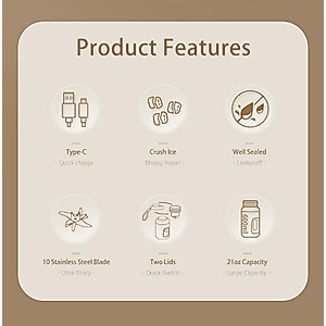 Portable Blender for Protein Shakes, 21oz, USB-C Rechargeable Blender with 10 Blades, Blender for Shakes and Smoothies, Leakproof and Reusable, Suitable for Travel, Home, Office, Gym