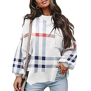 Disamer Women's Fall Sweaters 2025 Long Sleeve Crew Neck Knitted Tops Casual Striped Oversized Pullover,Plaid White,Small