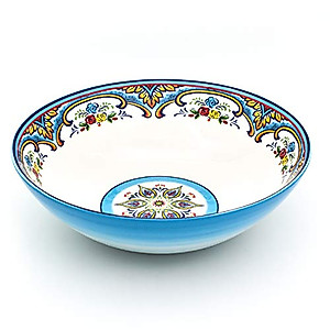 Euro Ceramica Zanzibar Collection Vibrant 12.75'' Ceramic Round Serving Bowl, Spanish Floral Design, Multicolor