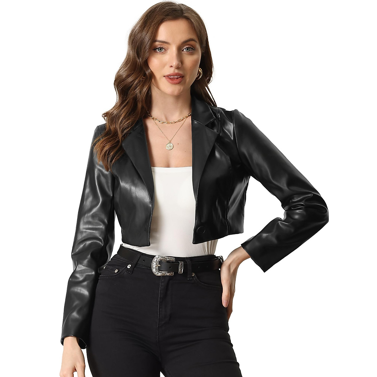 Allegra K Cropped Leather Jacket for Women's PU Casual Moto Jackets X-Large Black