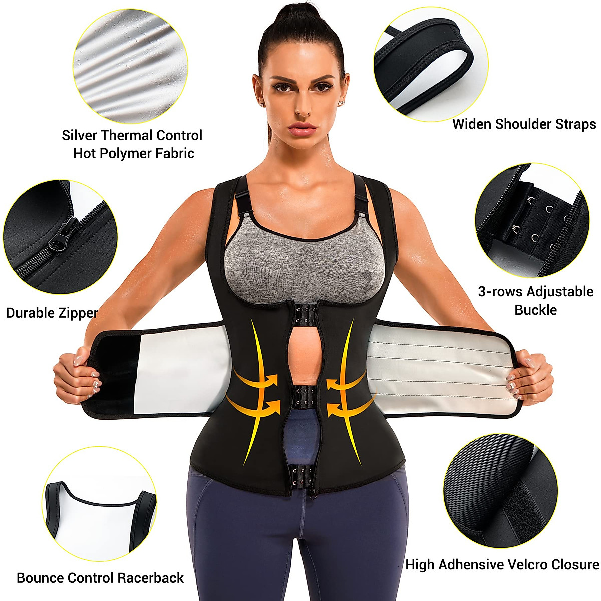 TrainingGirl Women Sweat Vest Waist Trainer Trimmer Belt Weight Loss Hot Sauna Suit Zipper Workout Tank Tops Slim Body Shaper (Black, Large)