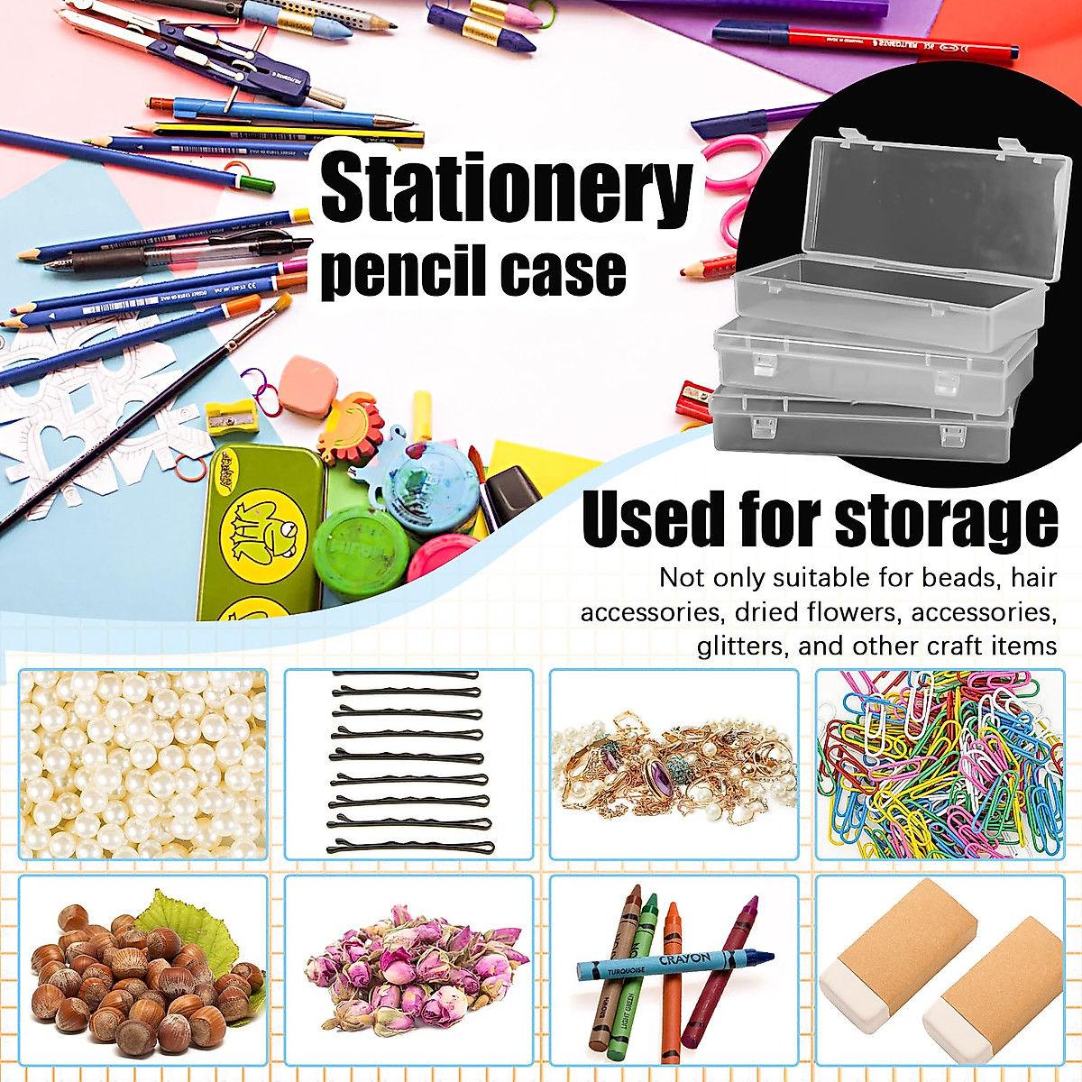 Fansunta 10 Pcak 6'' Plastic Storage Boxes, Small Storage Containers with Hinged Lids, Rectangle Clear Boxes for Beads, Jewelry, Game Pieces, Pens and Crafts Items(6.2'' x 2.5'' x 1.2'')