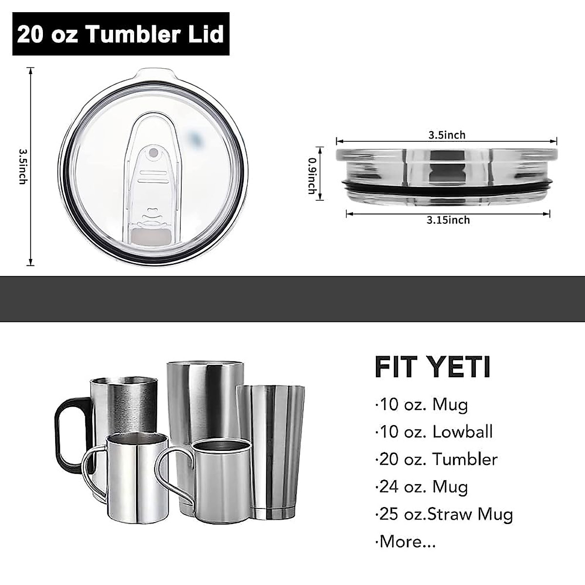 20 oz Tumbler Lids Compatible with Yeti 20 oz Tumbler Replacement Lid 10 oz Lowball, 10 oz Mug and Other Tumblers(1 Pack)