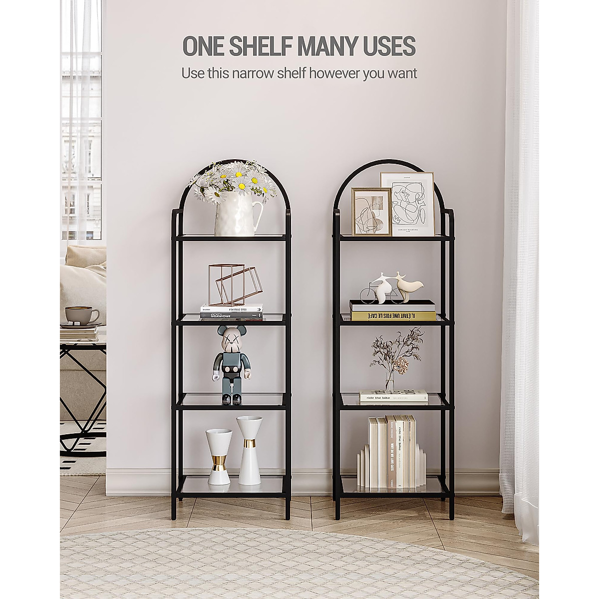 Hzuaneri Bookcase Bookshelf, Tempered Glass Bookshelves, Slim Shelving Unit for Bedroom, Bathroom, Home Office, Steel Frame, 4 Tier Black BC04001B