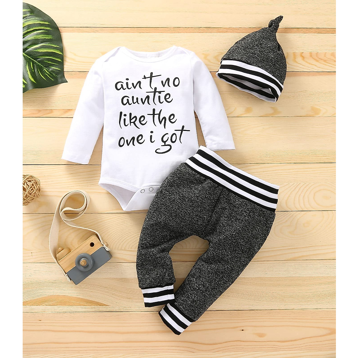 Aint No Auntie Like The One I Get Baby Boy Clothes Auntie Saying Letter Print Long Sleeve Romper Pants Hats (White, 3-6 Months)