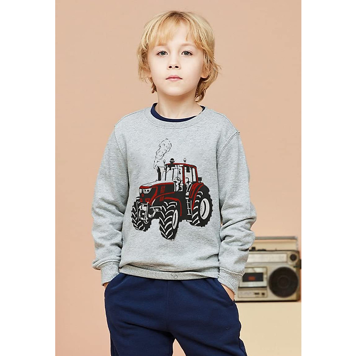 Akyzic Boys Sweatshirts Tractor Shirt Truck Shirt for Boys Crewneck Winter Long Sleeve Pullover Tops Tractor Hoodies Excavator Shirt Gray Sweater 4t/8155