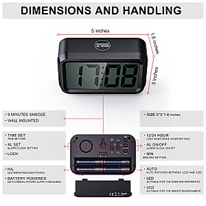T-FAMY Digital Clock Battery Operated with Unique 1.2'' LED / 1.8'' LCD Auto Display, Small Cordless Alarm Clock for Bedroom Wall Travel (Red Display)