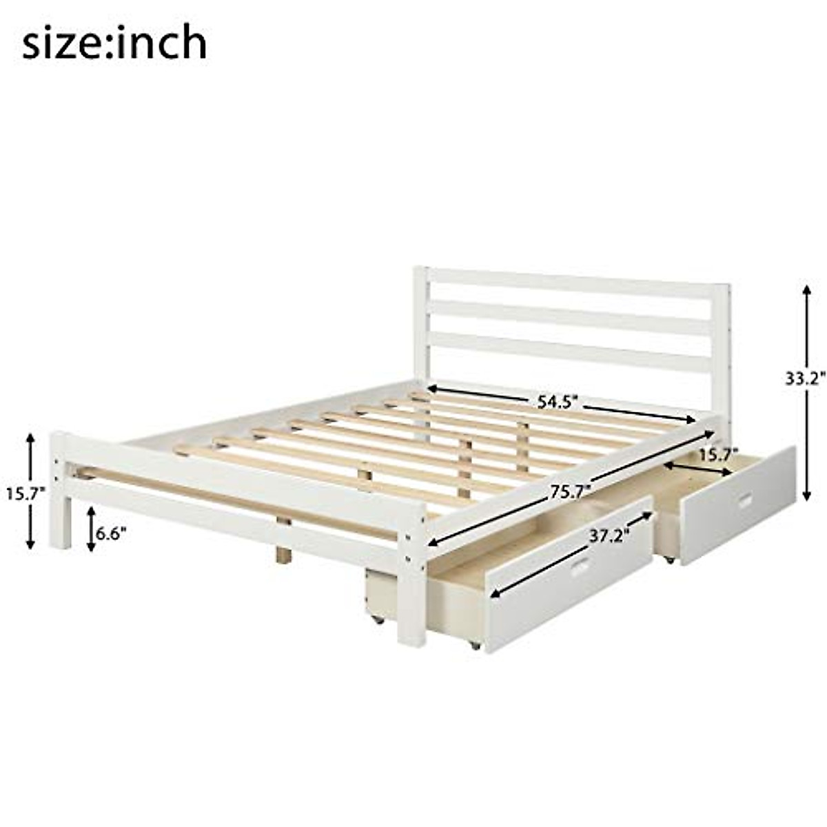 Harper & Bright Designs Full Bed Frame with Drawers, Kids Platform Full Bed with Storage, Solid Wood, No Box Spring Needed (White,Full)