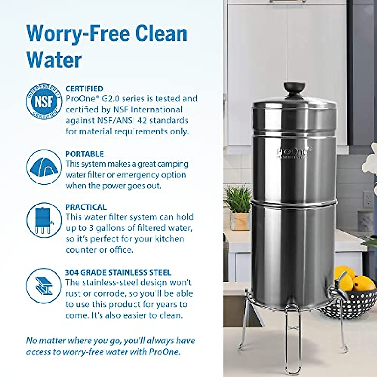 ProOne Big+ Stainless-Steel Gravity Water Filter System, 3-Gallon Water Capacity, Countertop Water Dispenser for Home, Camping, and Travel