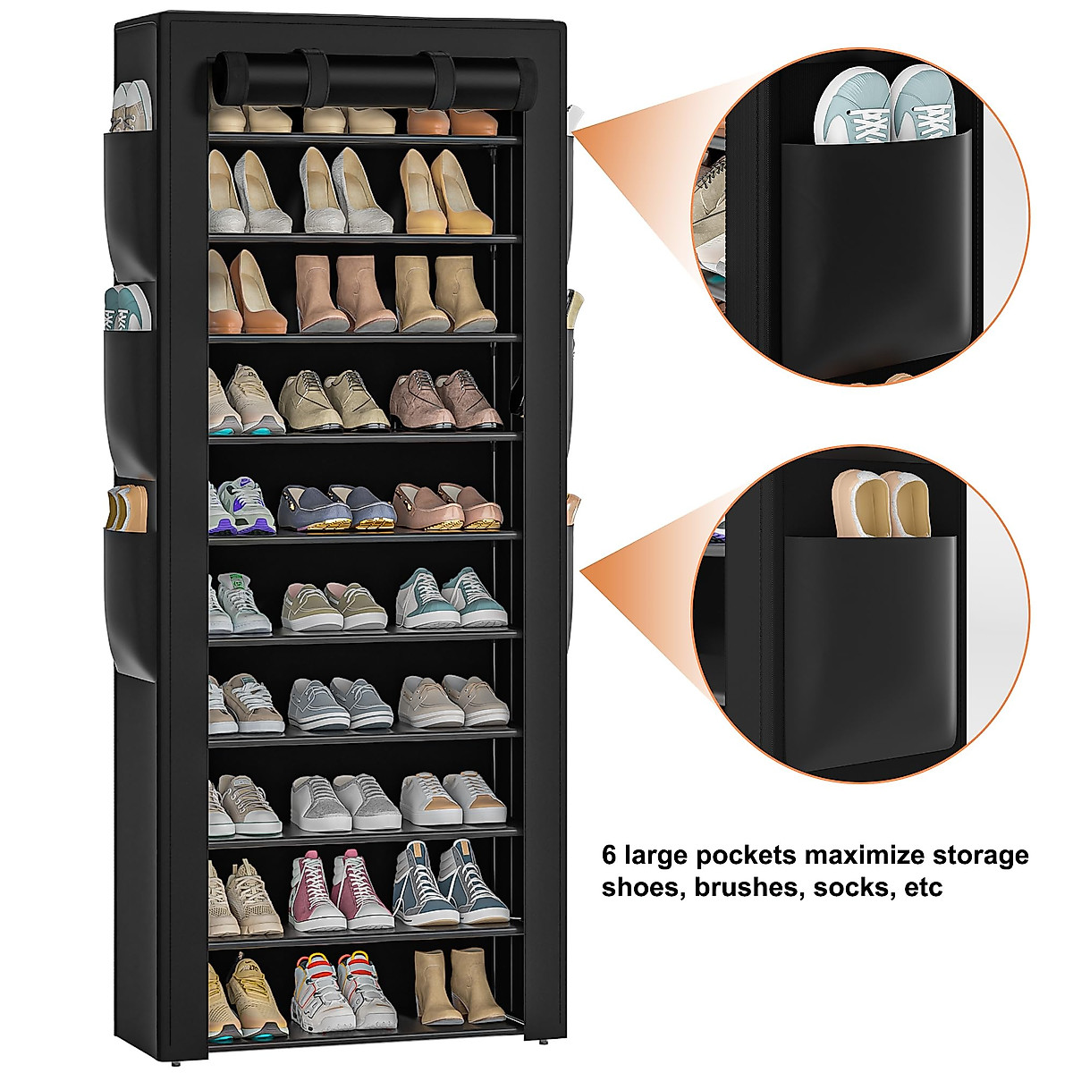 OYREL Large Shoe Rack, Black, 6 Side Pockets, 23.6" Wide x 11.4" Deep x 68.9" Tall, 36-41 Pairs of Shoes