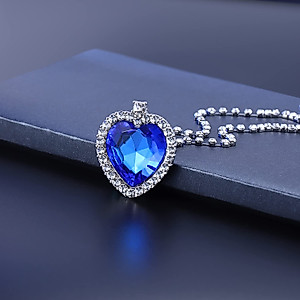 AILUOR Titanic Heart of The Ocean Neckalce, Royal Blue Crystal Created Sapphire Pendant with Silver Plated Necklace Jewelry (Blue)