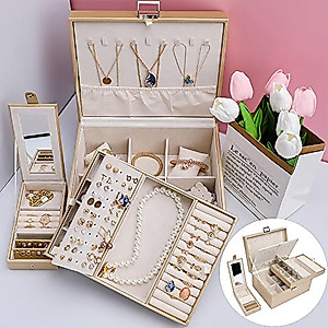 KUDASUY Jewelry Box For Women Girl Girlfriend Wife Velvet Jewelry Box Organizer Large Leather Jewelry Organizer with Removable Tray and Portable Travel Case(classic gold)