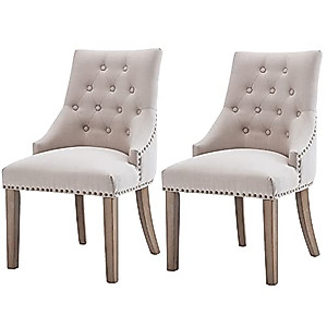 NOBPEINT Dining Chair Beige Fabric Leisure Padded Ring Chair, Nailed Trim, Set of 2