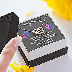 To My Mommy "Heart-Feet" Interlocking Hearts Necklace with Message Card and Gift Box. Baby Shower Present. Gift for Pregnant Mom