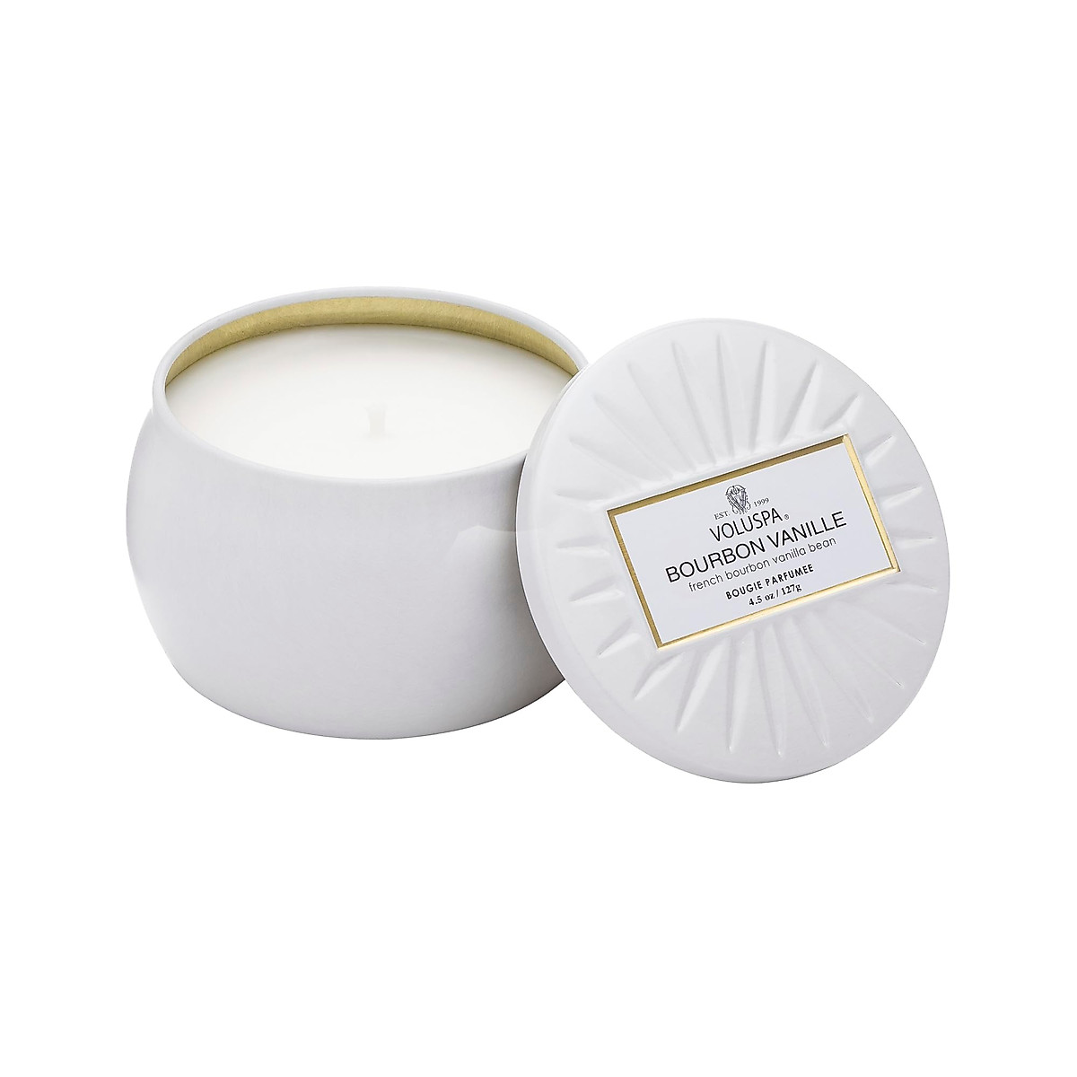 Voluspa Bourbon Vanille, Mini Tin Candle, 4 oz, 25 Hour Burn Time, All Natural Wicks and Coconut Wax for Clean Burning, Vegan, Poured in the USA