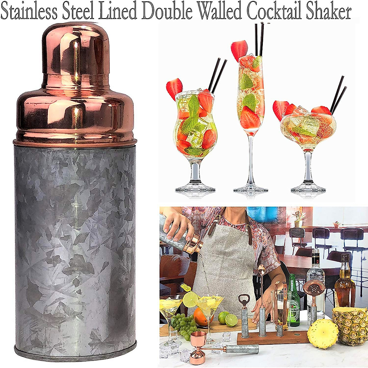Galrose Dezigns Cocktail Shaker Set - 6 Bar Tools Bar Accessories Rustic Galvanized Iron Bar Set Rose Gold Trim - Mixology Bartender Kit with Stand. Unique Gift for 6th Iron Anniversary for Couple