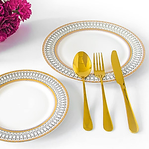 DUEBEL 4-Person Dinner Service Set, Includes 4 Ceramic Dinner Plates and 4 Ceramic Salad Plates with Gold Rim, 4 Cutlery Set for 4 Persons, Modern & Stunning Design