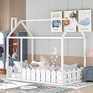BIADNBZ Twin Size House Floor Bed Frame with Roof, Wooden Montessori Bedframe with Fence, for Kids Teens Bedroom, Slats are not Included, White