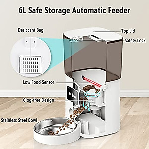 Mavpet 6L Automatic Cat Feeder, 2.4G WiFi Enabled Smart Dry Food Dispenser for Cat and Dog, Detachable Pet Feeder with Stainless Steel Bowl, APP Control, 10s Voice Recording, Up to 15 Meals Per Day