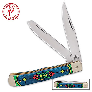 KISSING CRANE Trapper Knife - Sapphire Stained Glass | Pocket Knife for Men | 4" Closed Length | 440 Stainless Steel Blades | Bone Handle Scales & Nickel Silver Bolsters