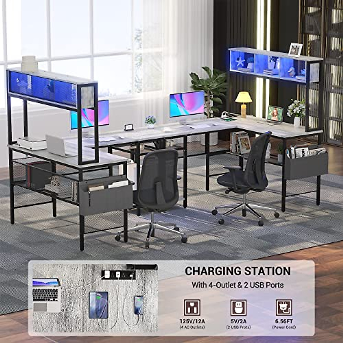 Unikito L Shaped Computer Desk with LED Strip and Power Outlets, Reversible L-Shaped Corner Desk with Storage Shelves and Bag, Industrial Home Office Desk Gaming Table with USB Port, White Oak