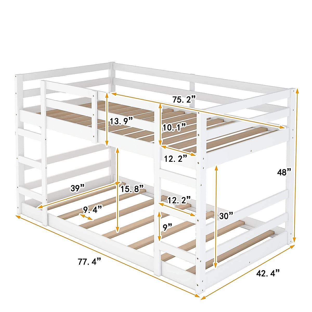 Twin Over Twin Low Bunk Bed, Solid Wood Floor Bunk Bed with Ladder, for Toddlers Kids Boys Girls (White)