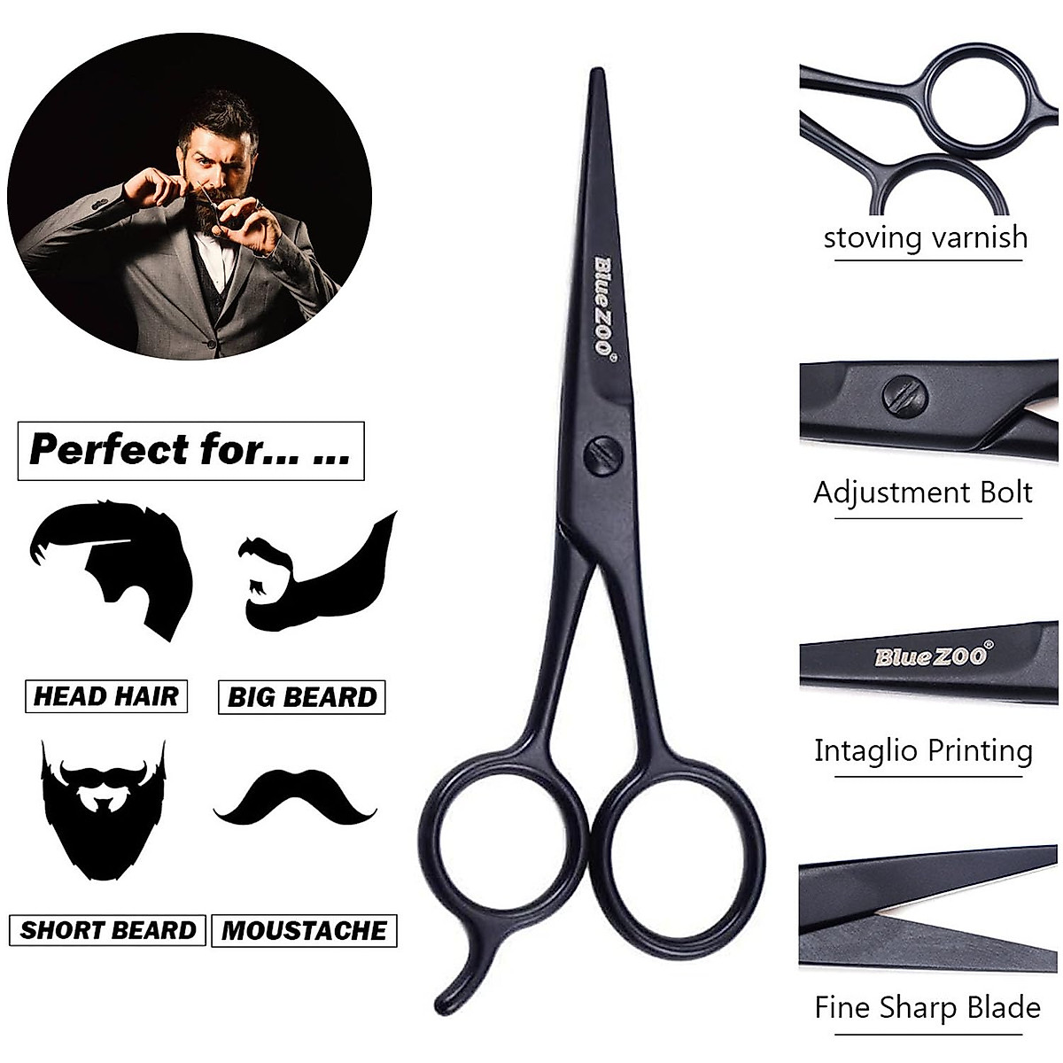 BlueZOO Beard Mustache Scissors and Comb Kit with PU Storage Bag, Rounded Safety Nose Hair Scissor for Men and Women Care Grooming, Ear Trimming Tool, Shears for Personal Grooming, Cutting & Styling