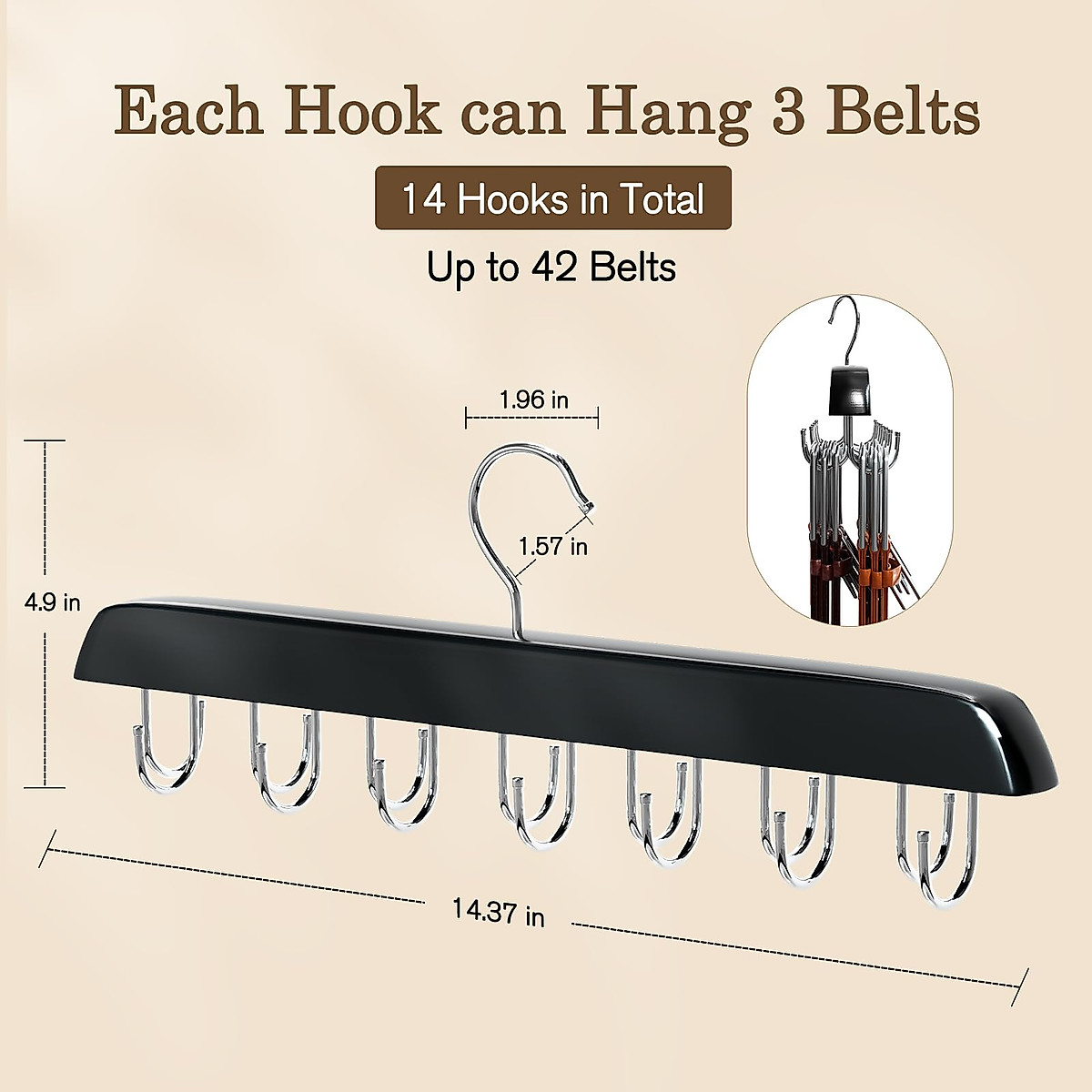 MaxGear Belt Hanger for Closet Max 42 Belts, Lotus Wood Belt Organizer with 14 Hooks, 360°Rotating Belt Holder Large Capacity Belt Rack for Belt, Tie, Bra, Tank Top & Underwear Storage - Black, 1 Pack