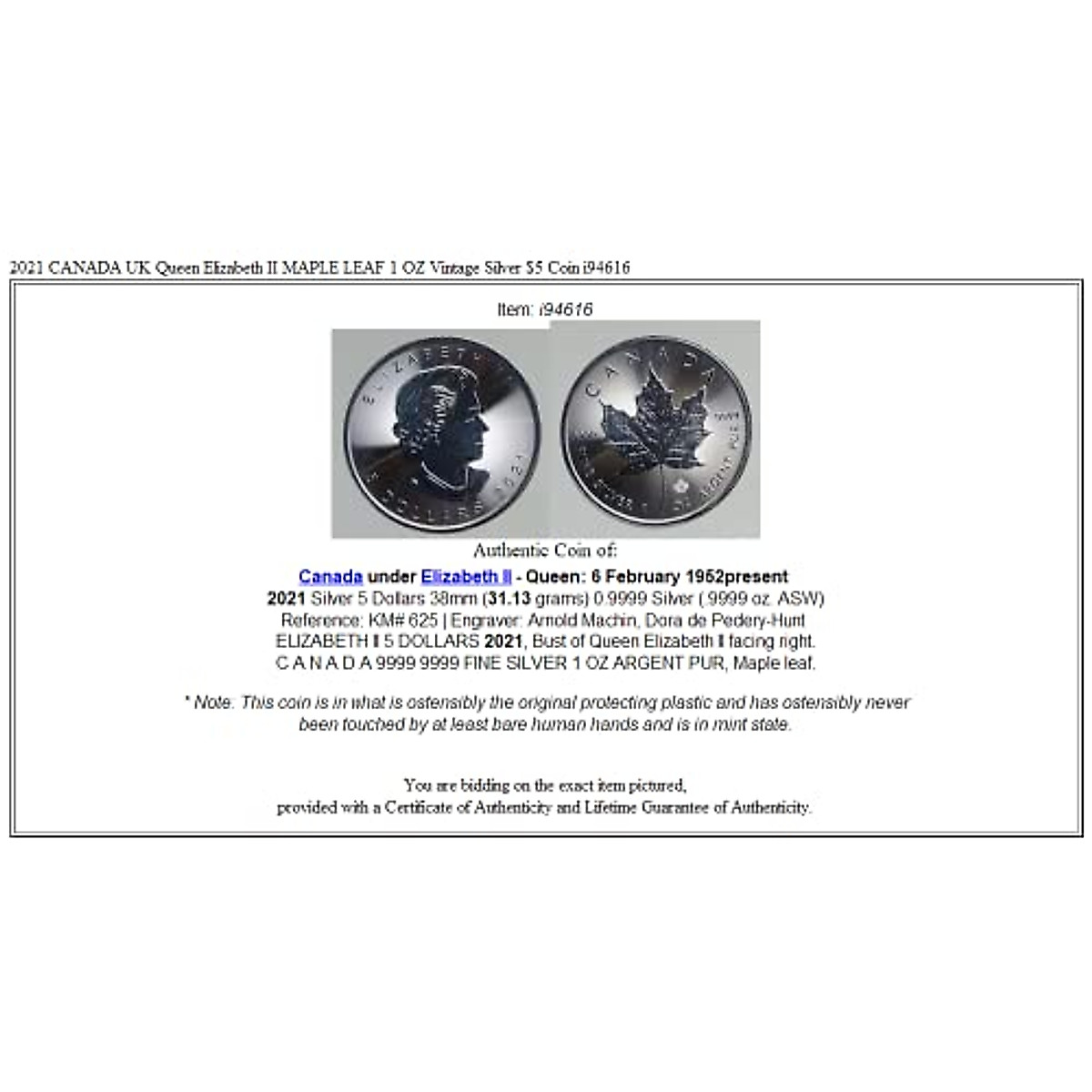 2021 CA 2021 CANADA UK Queen Elizabeth II MAPLE LEAF 1 OZ $5 Good Uncertified