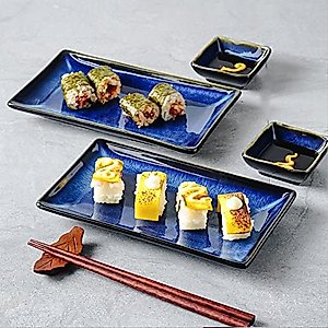 uniidea Ceramic Sushi Serving Tray Sets 2, 6 Pieces Japanese Style Porcelain Sushi Plate Set with Soy Sauce Dishes, Bamboo Chopsticks Housewarming Gift, Blue