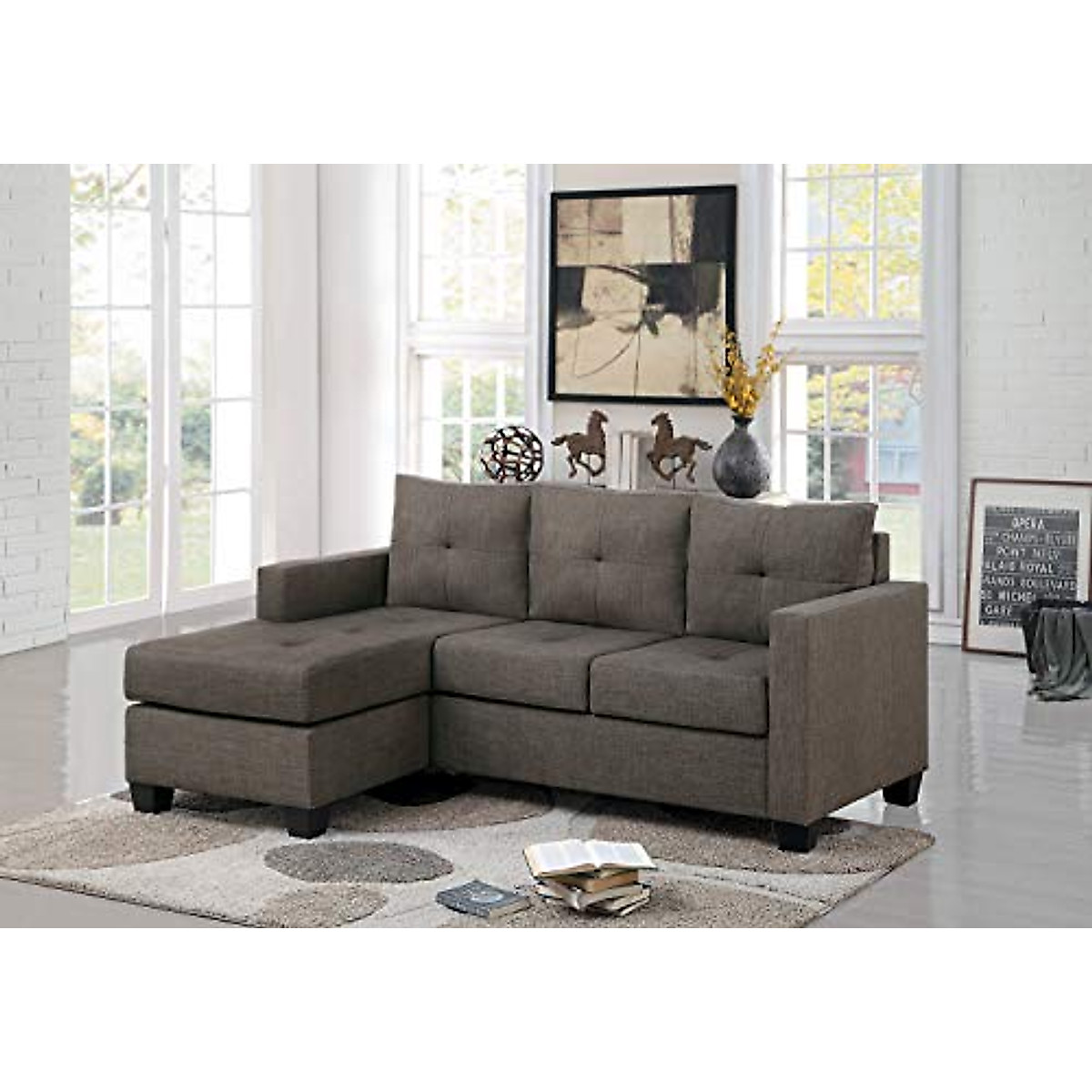 Homelegance Phelps 78" x 58" Fabric Reversible Chaise Sofa, Grayish Brown