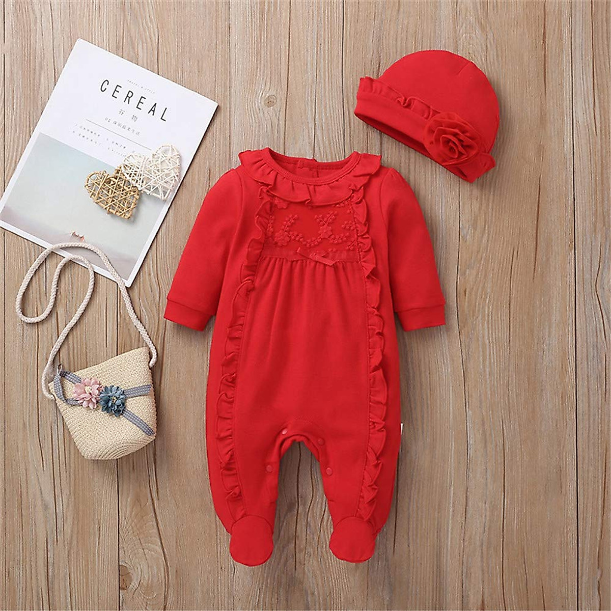 Infant Baby Girl Ruffled Cotton Footies Footed Overall Romper with Hat Toddler Baby Footed Jumpsuit (Red, 0-3M)
