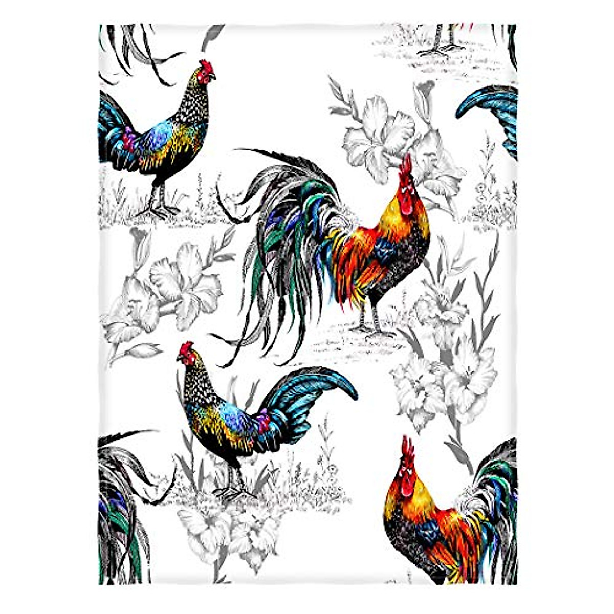 Miblor Bright Colored Farm Roosters and Grey Flowers Blanket Super Soft Warm 60x80 Inch Plush Fleece Throw Blanket for Sofa Bed Travelling Camping Gift Idea