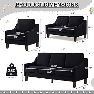 Deolme Black Sectional Sofa Set 3 Piece, Modern Comfy Velvet Upholstered 3-Seater Couch, Loveseat and Chair for Living Room Furniture Sets juegos de muebles de sala Small Spaces Office