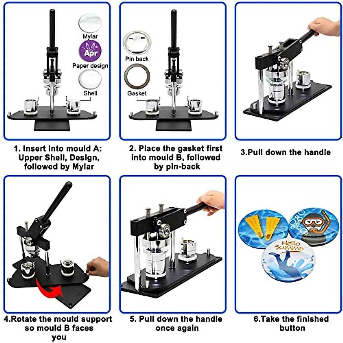 ChiButtons (KIT) 37mm (1.5") Pro Badge Machine Button Maker-B400 + Mould + 200 Parts + Handling Cutter Metric System (Black-new)