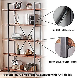 HSH Natural Real Wood Bookcase, 5 Tier Industrial Rustic Vintage Etagere Bookshelf, Open Metal Farmhouse Solid Wooden Book Shelf, Distressed Brown