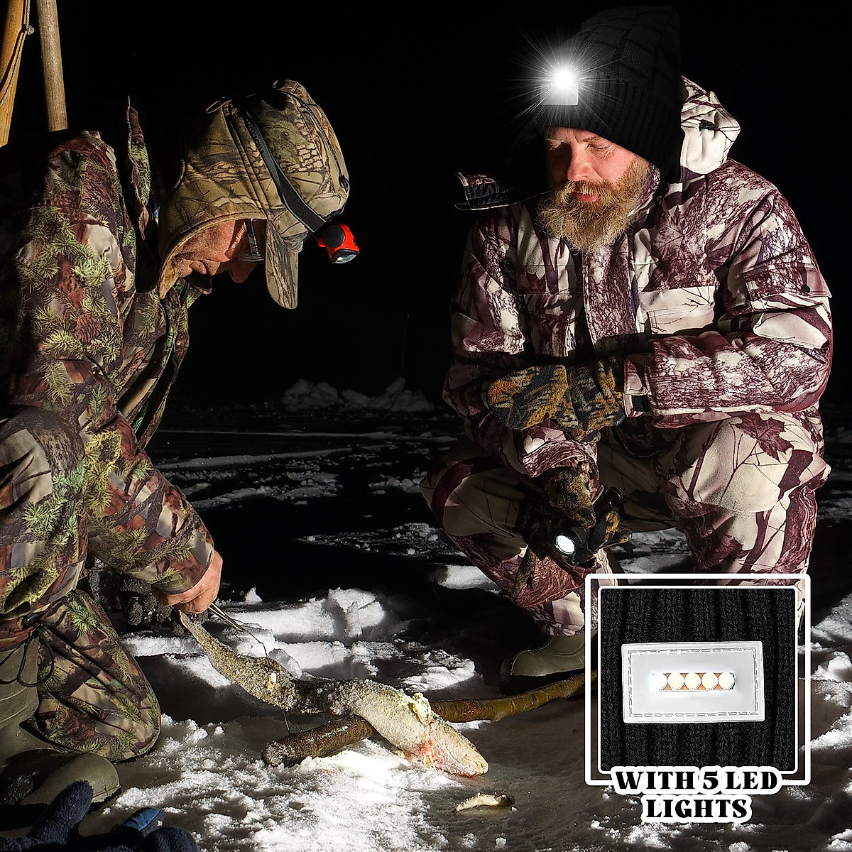 2 Pcs Beanie with Light 5 LED Beanie Hat Cool Stuff for Men Cool Camping Gadgets for Women Adult Knitted LED Stocking Cap Headlamp Winter Hat Christmas Stocking Stuffers Gifts, Battery Powered