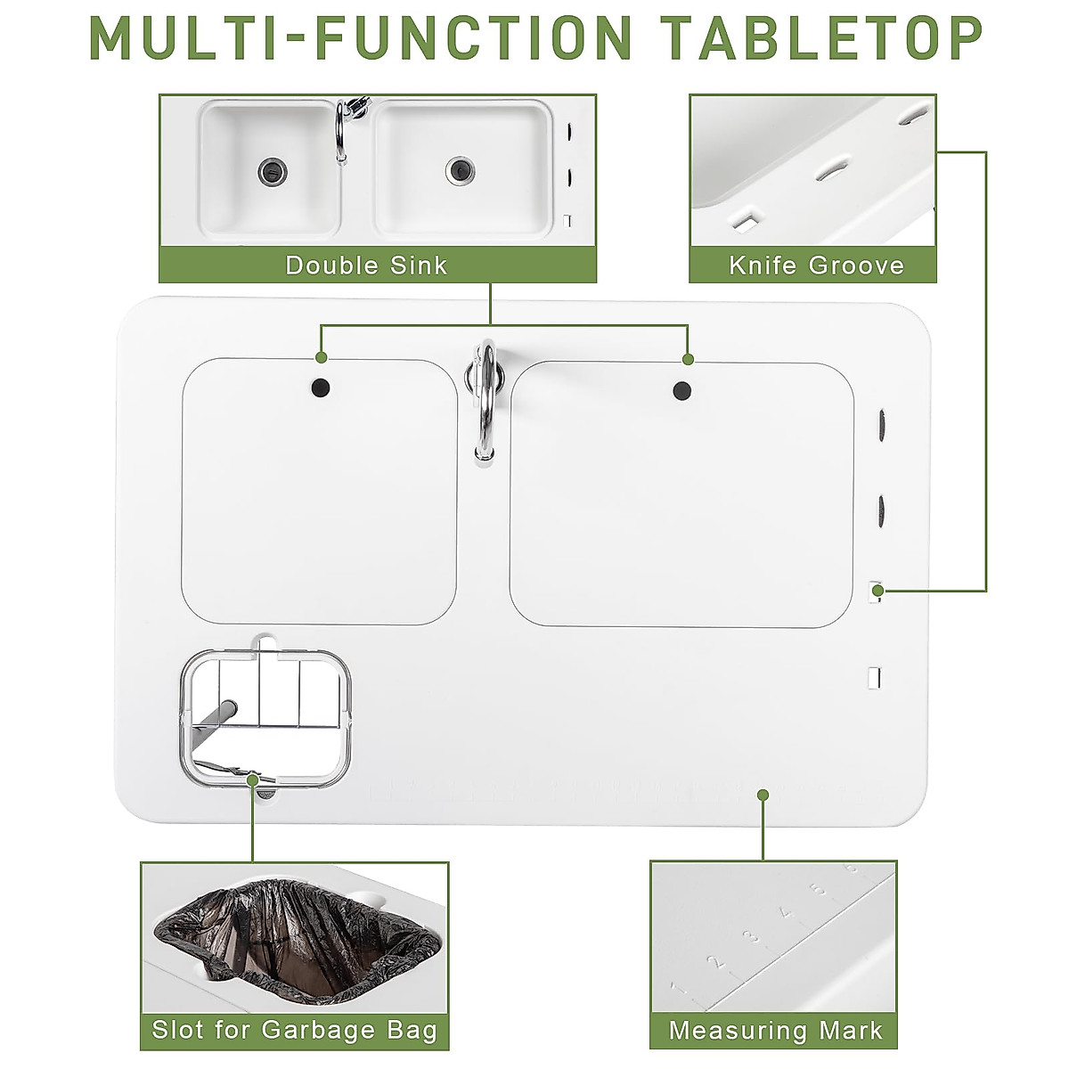 Outvita Fish Cleaning Table Folding Portable Camping Sink Table with Sink Faucet Drainage Hose/Outdoor Camping Table with Grid Rack & Knife Groove,Fish Fillet Hunting Cleaning Cutting Table,White