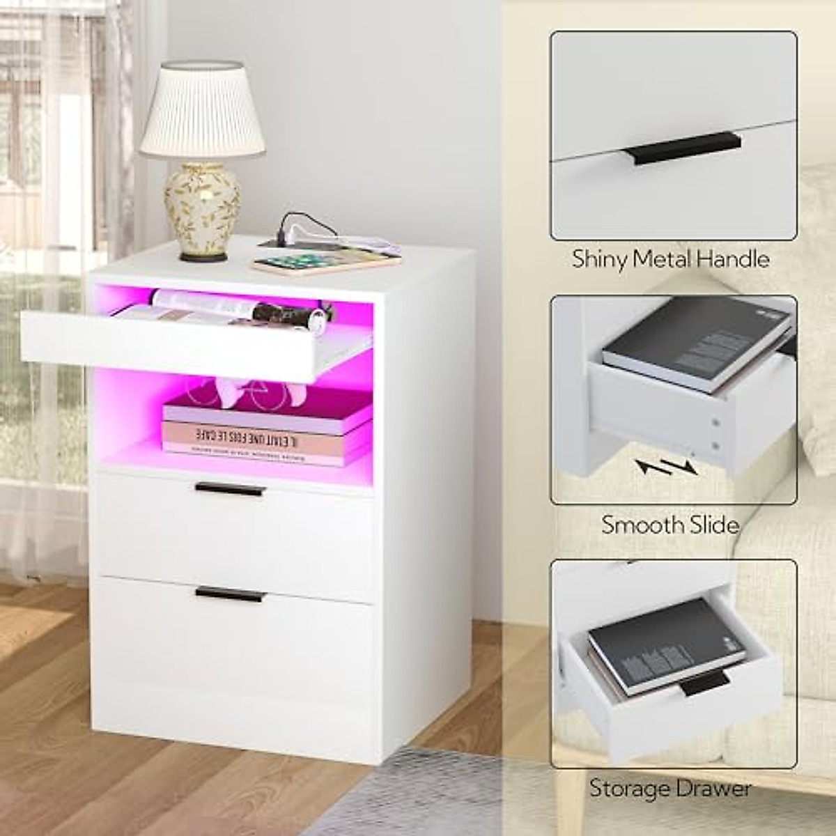 Yusong Night Stand, Bedside Table, LED Nightstand with Charging Station, Modern Night Stand White,Wood Sofa Couch End Side Table with 2 Pull-Out Shelf