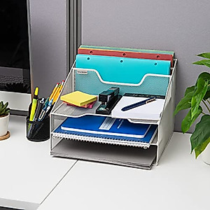 Mind Reader Network Collection, 3-Tier, 5-Compartment Desktop Organizer with 2 Vertical File Holders and 3 Horizontal Paper Trays, Desktop Organizer, Metal Mesh, White