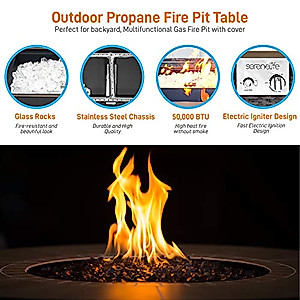 SereneLife Outdoor Propane Fire Pit Table - Approved Safe 50,000BTU Auto-Ignition Propane Gas Fire Table - Rattan Panel, Glass Wind Guard, Black Tempered Glass Tabletop, Clear Glass Rock - SLFPTL