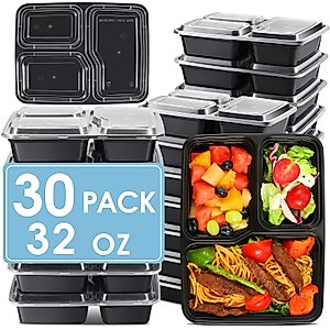 30 Pack Meal Prep Containers, 32 Oz 3 Compartment Food Storage Containers with Lids, Extra-thick Plastic To Go Containers, Disposable Lunch Box, BPA Free, Stackable, Dishwasher/Microwave/Freezer Safe