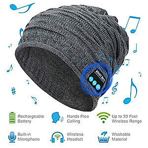 Bluetooth Beanie Hat 5.0 Wireless Headphones Music Hats with Built-in Microphone Winter Hat Warm Ski Cap for Men Women (012-Grey)