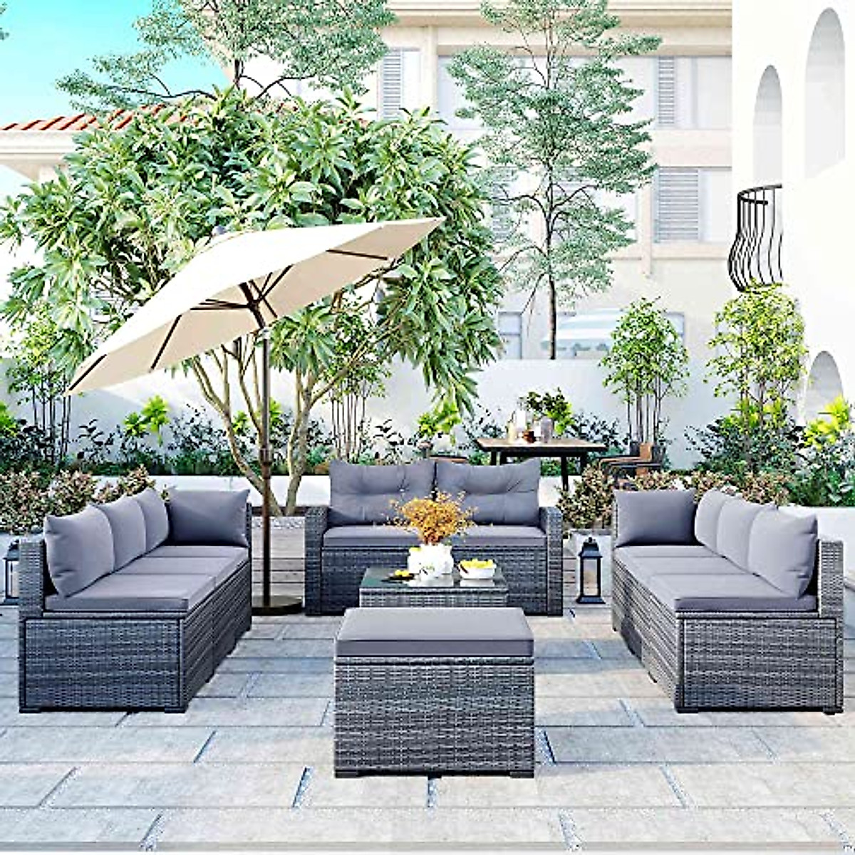 Cotoala 9-Piece Outdoor Patio Large Wicker Sofa Set, PE Rattan Conversation Sectional Couch with Ottoman and Glass Coffee Table for Garden, Backyard, Porch and Poolside, Grey
