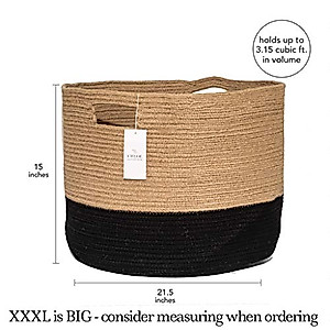 Chloe and Cotton XXXL Extra Large Woven Rope Storage Basket 15 x 21 inch Jute Black Handles | Decorative Laundry Clothes Hamper, Blanket, Towel, Baby Nursery Diaper, Toy Bin Cute Collapsible Organizer